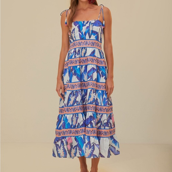 FARM Rio | Dresses | Farm Rio Offwhite Blue Foliage Midi Dress | Poshmark